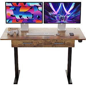 Our Modern Space 2-Drawer Height Adjustable 45" Electric Standing Desk - Upgraded Ultra Durable Home Office Large Rectangular Computer Table or Laptop Sit Stand Workstation - Maple