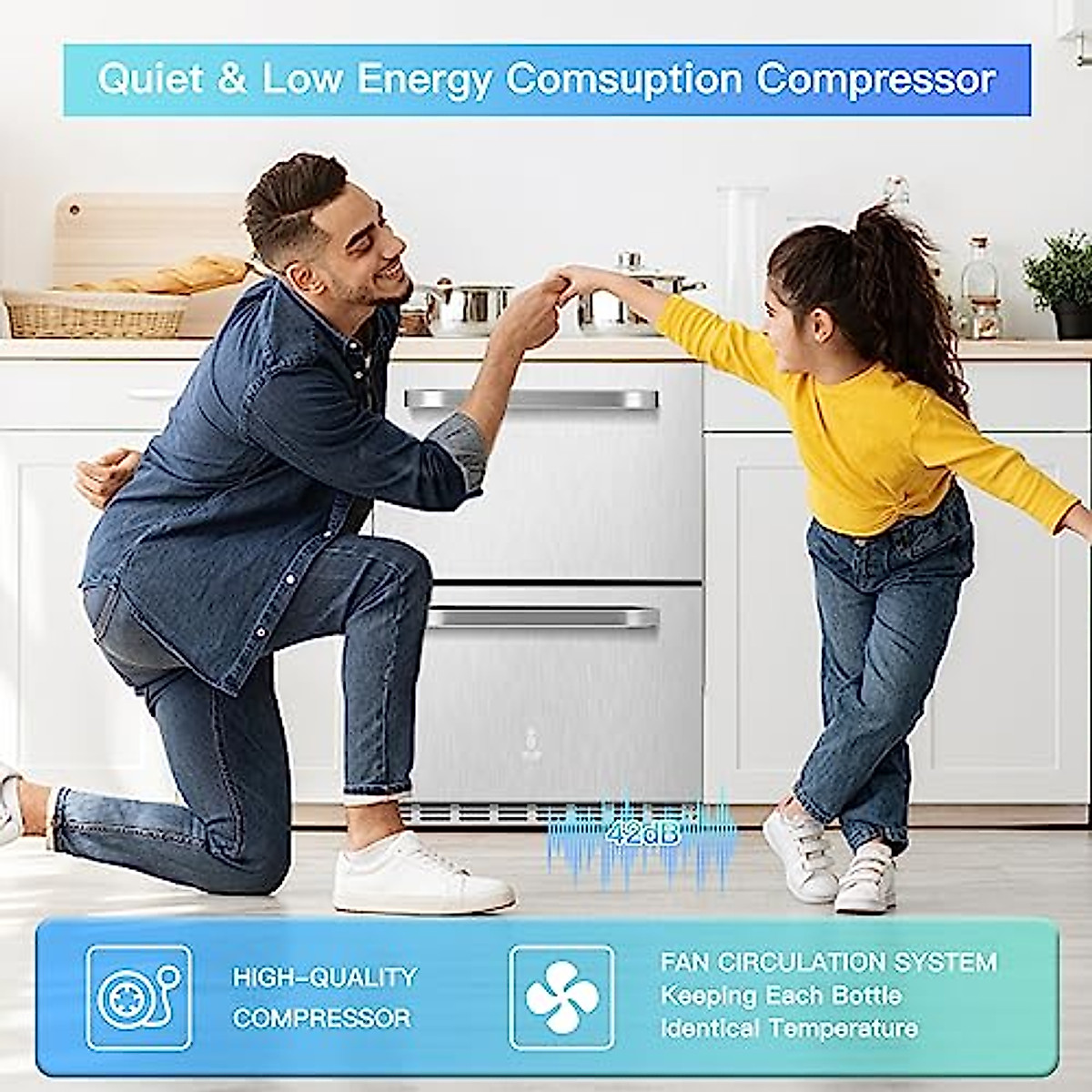 ICEJUNGLE Stainless Steel Refrigerator, Undercounter/Built-in 24" Refrigerators with 2 Drawer, Full Size Fridge for In/Outdoor Use, Premium Stainless Steel Refrigerator with Advanced Cooling System