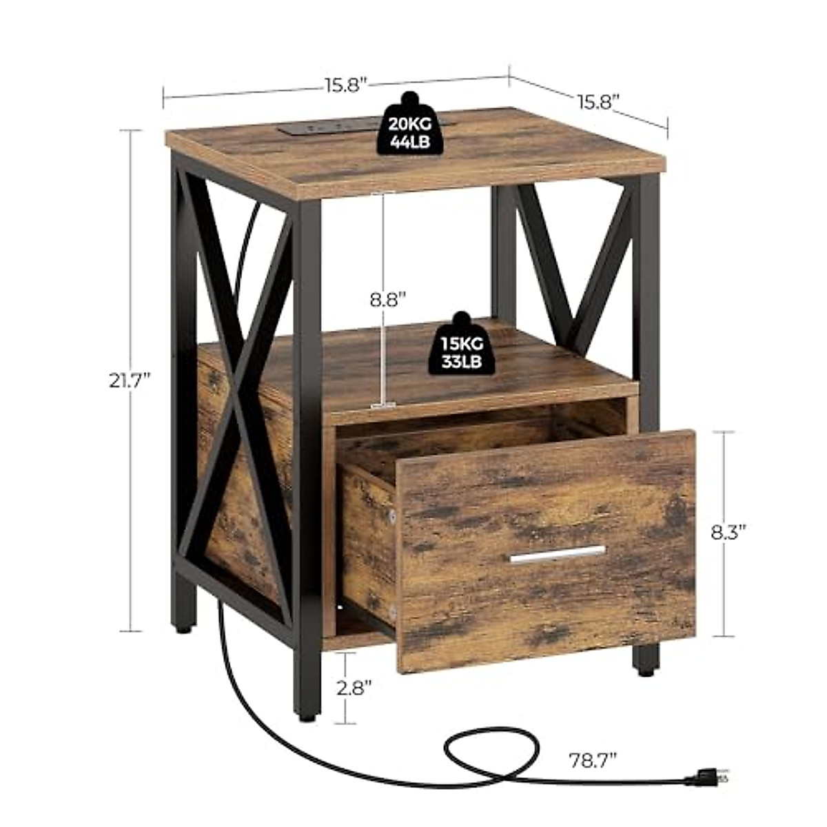 Rolanstar End Table with Wireless Charging Station, Nightstand with Power Outlet & USB Ports, Farmhouse Side Table with Drawer Storage Shelf for Living Room, Bedroom, Rustic Brown