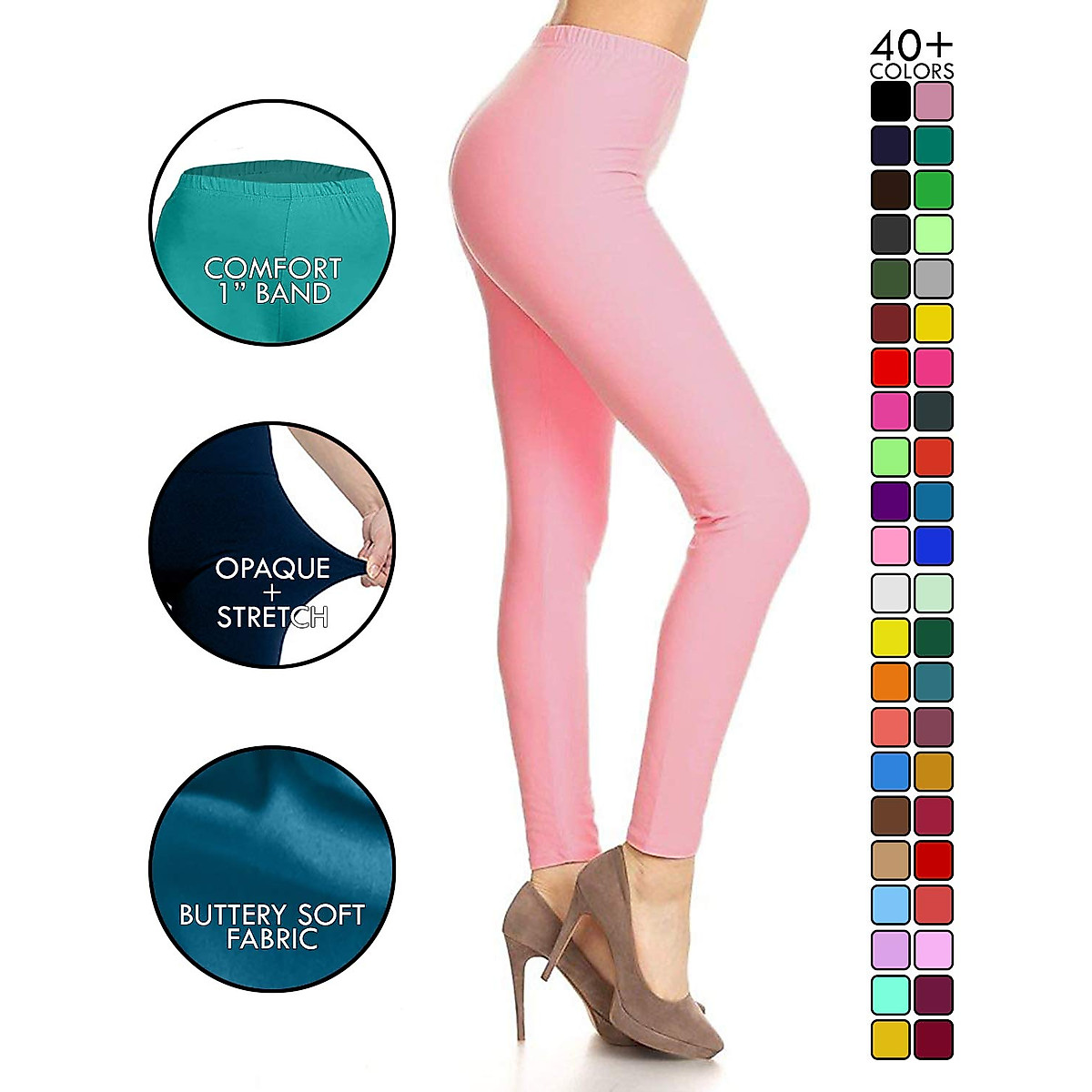 Leggings Depot Womens 1" Waistband High Waisted Solid Leggings Pants (Full Length, Pink, 1X-3X)