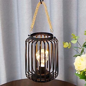 JHY DESIGN 7.5" High Metal Cage Decorative Lamp Battery Powered Cordless Warm White Light with LED Edison Style Bulb Great for Weddings Parties Patio Events Indoors Outdoors with Hemp Rope Handle