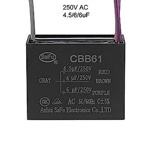 uxcell Ceiling Fan Capacitor CBB61 4.5/6/6uF 250V AC 4 Wires Metallized Polypropylene Film Capacitor 48x38x26mm for Electric Fan Pump Motor Generator