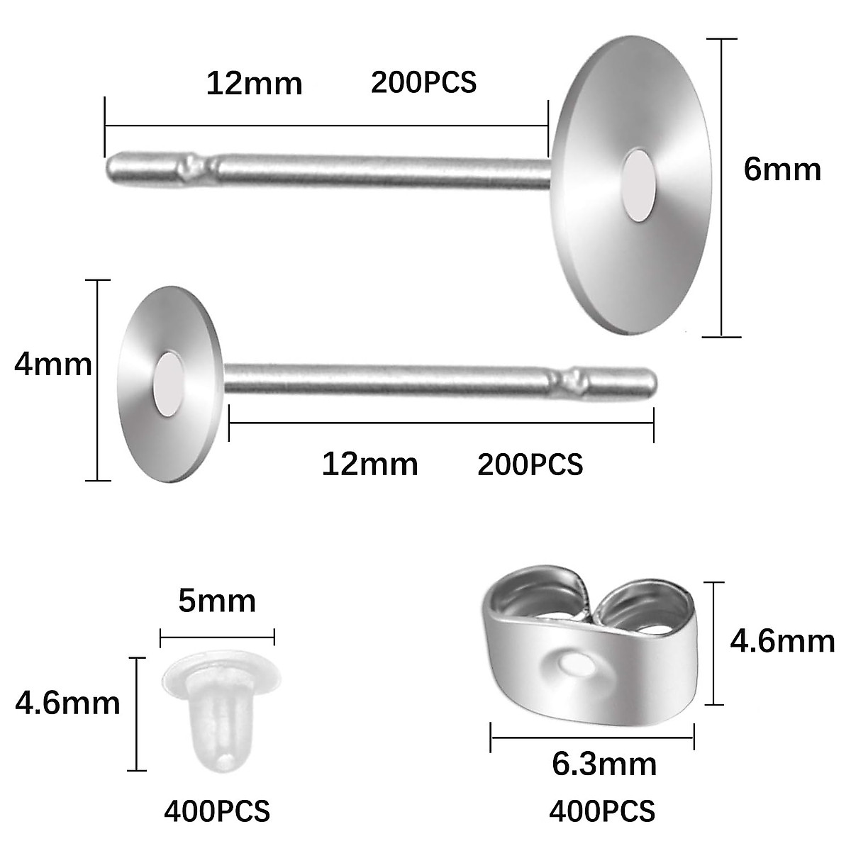 1200 PCS Earring Posts Stainless Steel and Backs with Hypo-allergenic Earring Posts Butterfly and Rubber Bullet Earring Backs for DIY Stud Earring and Jewelry Making
