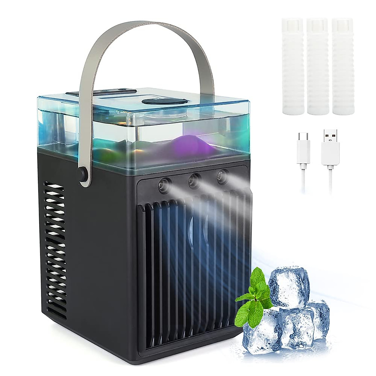 Portable Air Cooler Fan, Evaporative Air Cooler Rechargeable, Personal Air Conditioner with 6 Reusable Ice Boxes, Quiet Desk Fan with Air Humidifier and LED Night Light for Bedroom Camping Trip black-01