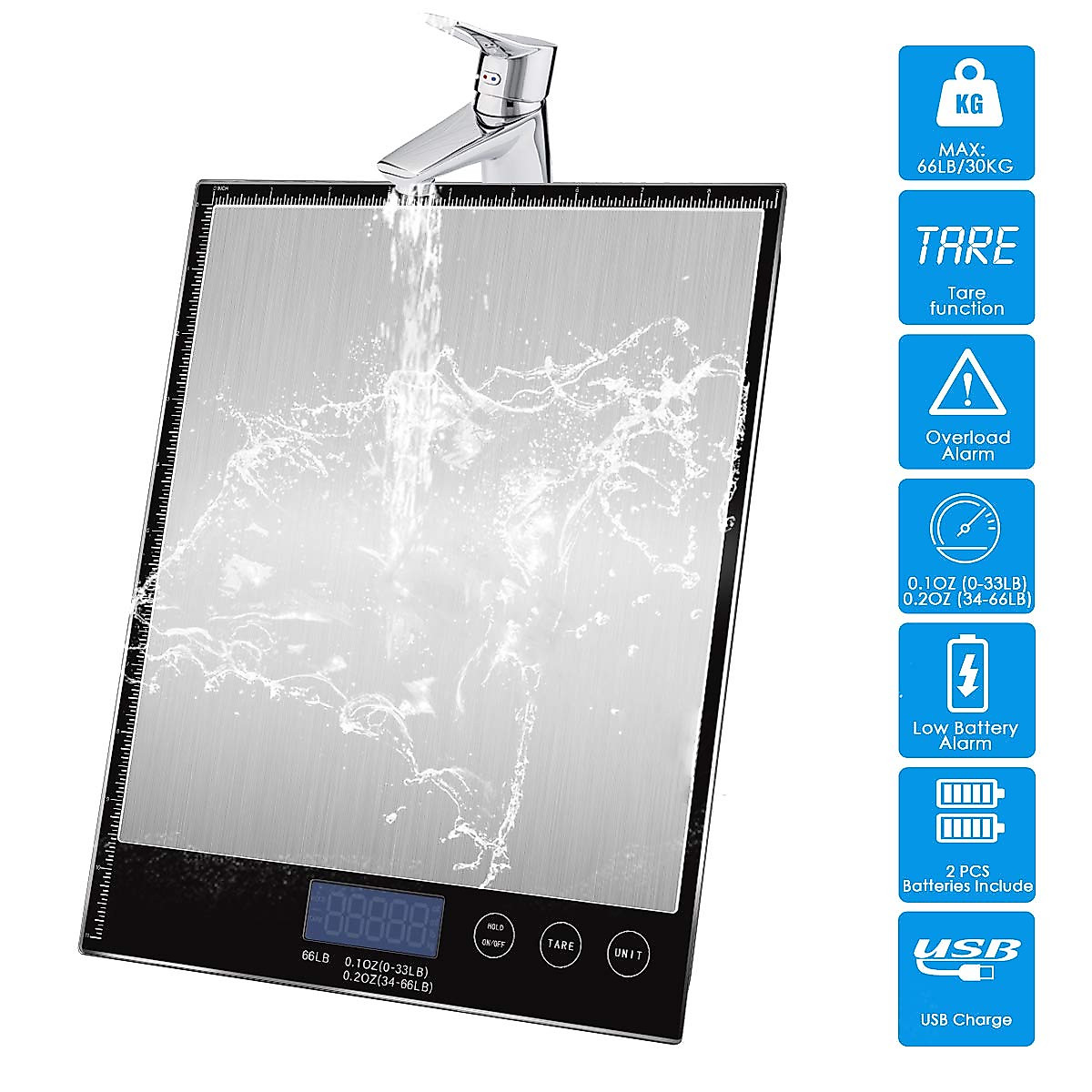 Amiloe Digital Postal Scale, 66lbs/0.1oz Shipping Scale, Letter Scale, Large Scale with Stainless Steel, 2 AAA Batteries Include