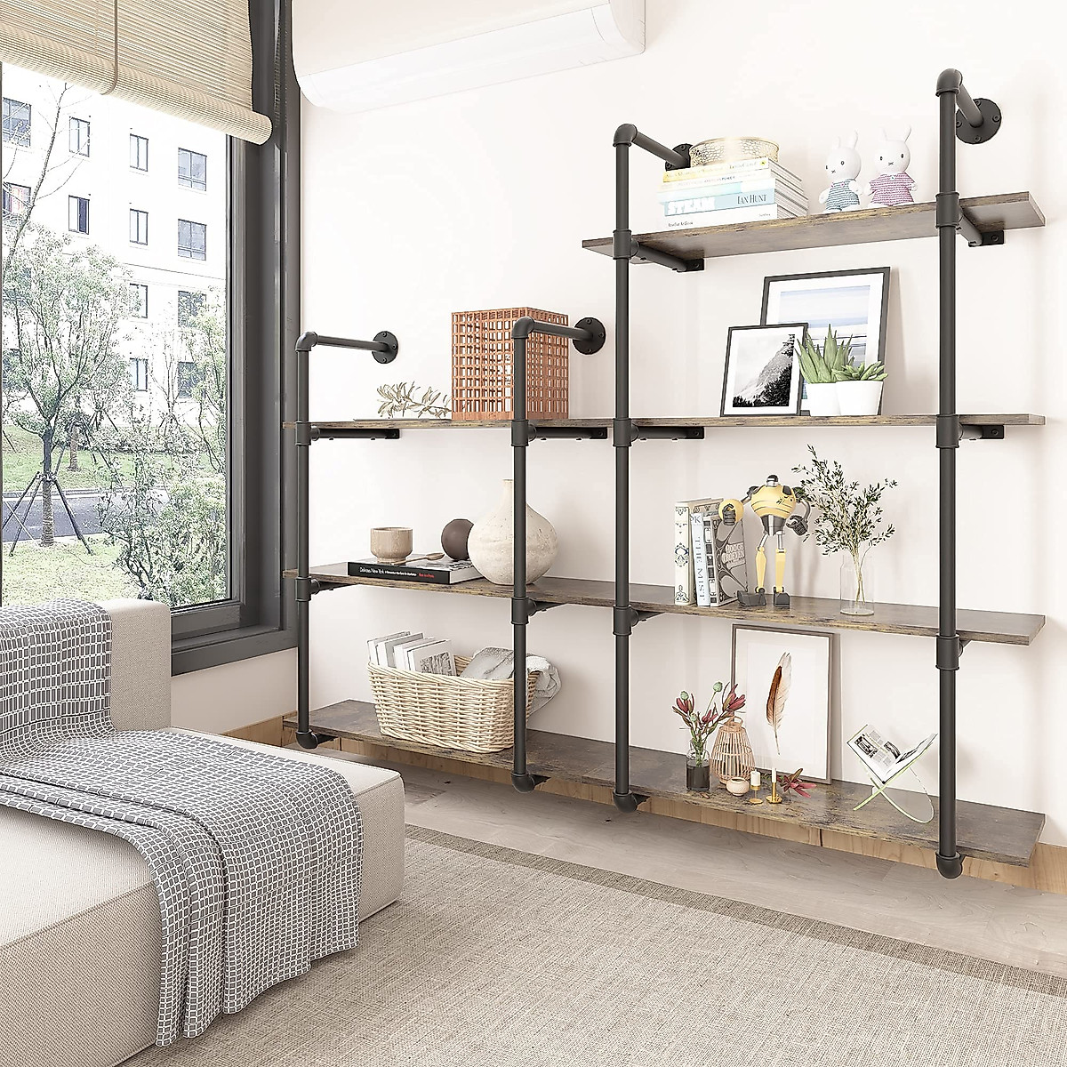 Gezen Industrial Pipe Shelving 31.5in Floating Bookshelf,Wall Mounted Shelves Rustic Floating Shelves, Wall Storage Book Shelves for Living Room, Bedroom, Kitchen (Brown, 2 Tier)