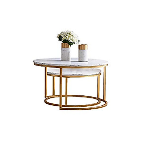 Hdxdkog Nesting Coffee Table Set of 2, Rustic Stacking Nesting Side Tables, Modern Round Marble Pattern Wooden Tables for Living Room Bedroom Apartment (Gold)