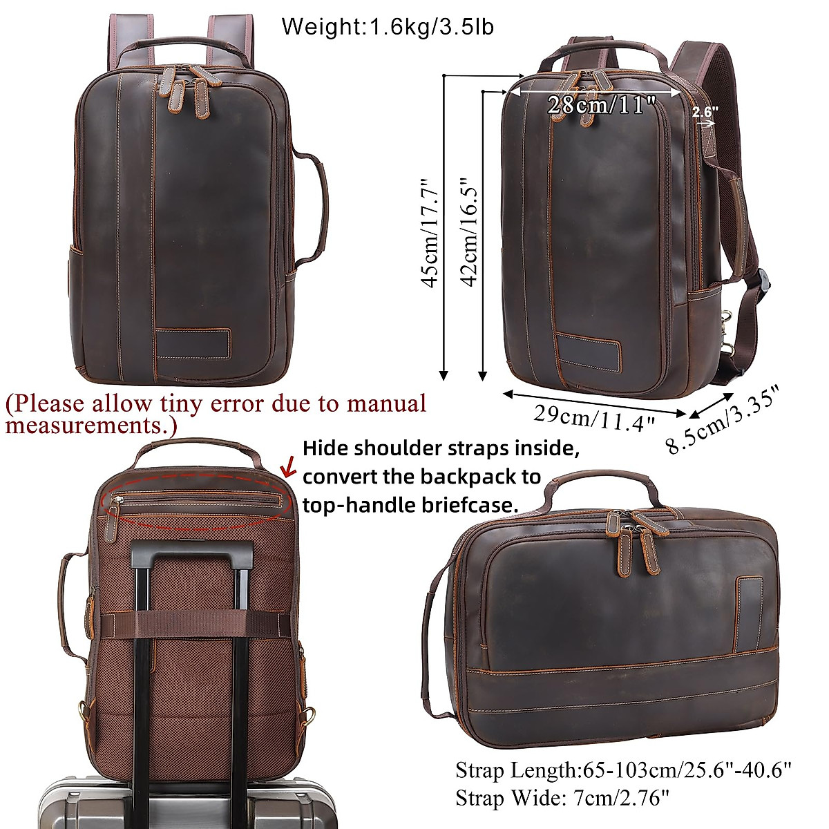 Masa Kawa Leather 15.6" Laptop Backpack for Men Convertible Briefcase Backpacks School Bookbag Expandable Vintage Business Work Travel Rucksack Daypack, Brown