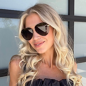 DIFF Lenox Gold + Black Grey Gradient, Designer Oversized Aviator Sunglasses for Women UV400 Polarized Protection