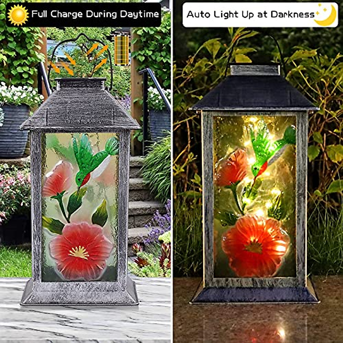 Solar Hummingbird Lantern Waterproof Outdoor Hanging Glass Lantern Decorative Tabletop Lamp Metal LED Lights for Garden Patio Porch Holiday Party Yard Table Pathway Walkway Holiday Decor Gifts (1pack)