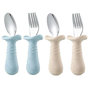 PandaEar Baby Toddler Fork and Spoon Utensil Set, 6 Pack Silicone Stainless Steel Silverware Spoon Fork for Babies Toddler, BPA Free with Silicone Holding Anti-Choke Design (Blue&Green&Light Tan)