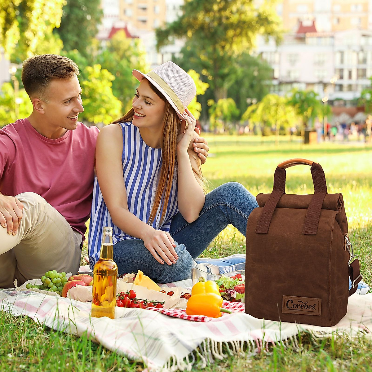 Corebes Insulated Lunch Bag for Men/Women, 11L Waxed Canvas Lunch Box with Adjustable Shoulder Strap & Double Hook-and-Loop Handles for Work Picnic Hiking Brown