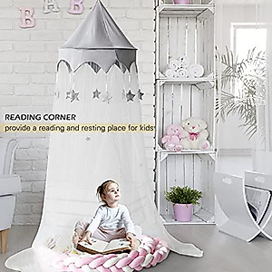 LOAOL Canopy for Kids Bed with Stars, Crib Canopy with Dome, Elegant Net Hanging Fairy Girl Bed Canopy Princess Room Decoration Reading Nook Corner Curtain Fits Full Crib, Twin, Queen Play Castle Tent