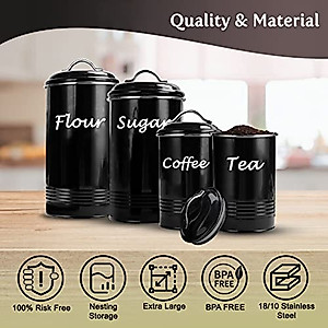 Farmhouse Canisters Set of 4, Food Storage Container for Kitchen Decor, Rustic Metal Countertop Canisters with Airtight Lids for Sugar, Coffee, Tea - Black