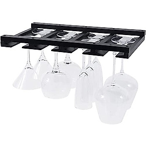 Rustic State 4 Sectional Adjustable Wood Under Cabinet Wine Glass Holder Wine Glass Rack Hanging Shelf Stemware Bar Organizer - 12 Wine Glass Storage - 10 Inch Deep - Black