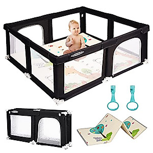 ROMPICO Foldable Baby Playpen with Mat, Foldable Large Baby Playpen for Toddler, Indoor & Outdoor Playard for Kids Activity Center, Sturdy Play Yard with Soft Breathable Mesh (Foldable 71”x71”, Black)