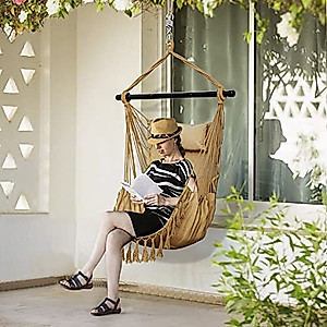 Giantex Hanging Chair Hammock Swing Chair - with Sturdy Steel Hanging Bar, Comfortable Headrest Pillow, 2 Cushions, Pocket Macrame Swing Chair for Bedroom, Living Room, Max 330 Lbs Swing Seat (Beige)