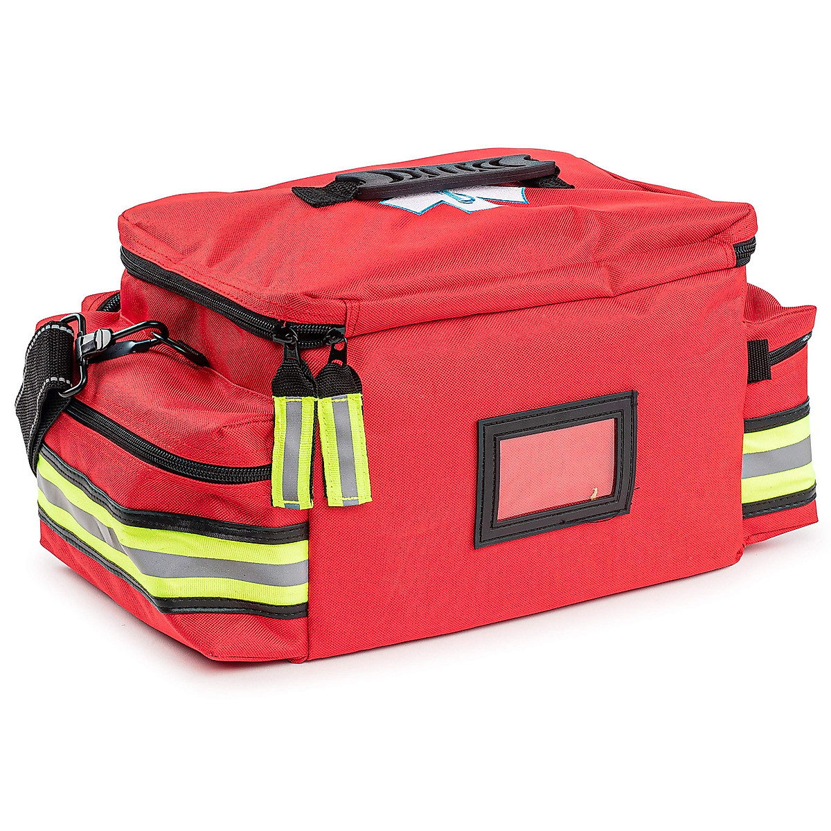 Scherber First Responder Fully-Stocked Professional Essentials EMT/EMS Trauma Kit | HSA/FSA Approved | Reflective Bag w/8 Zippered Pockets & Compartments & 200+ First Aid Supplies - Red