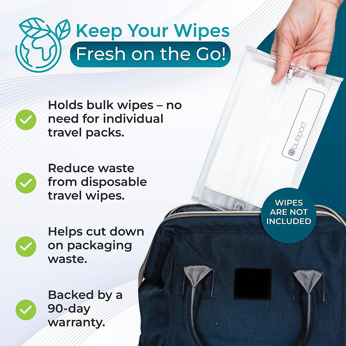 Butipods Reusable Travel Wipes Case - Portable Moisture-Retaining Pouch, Slim Holder and Convenient Container for Diaper Bag, Dispenser for Hand, Face, Makeup Removal, and Wet Wipes - Set of 2 (Clear)