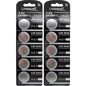 My Battery Supplier 10 Loopacell LIR2032 Lithium Rechargeable 3.6V Coin Cell Batteries
