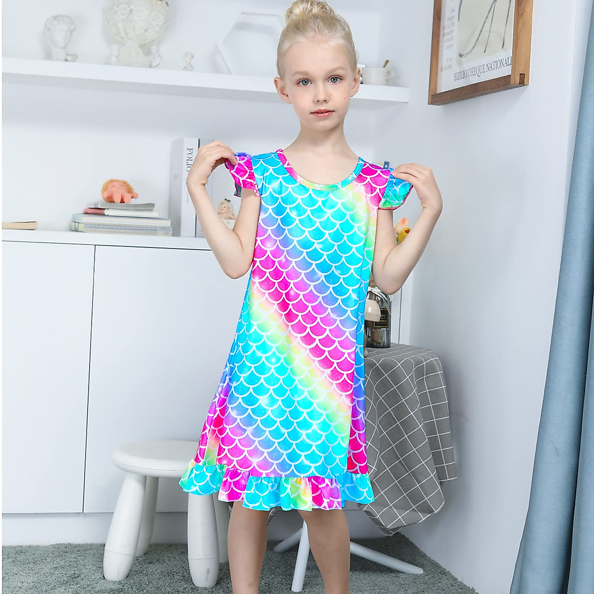 Fiodrimy Girls Nightgowns Unicorn Sleepwear Night Sleep Dress Pajamas Little Kids Toddler Soft Nightgown (Rainbow Mermaid, 4-5 Years)