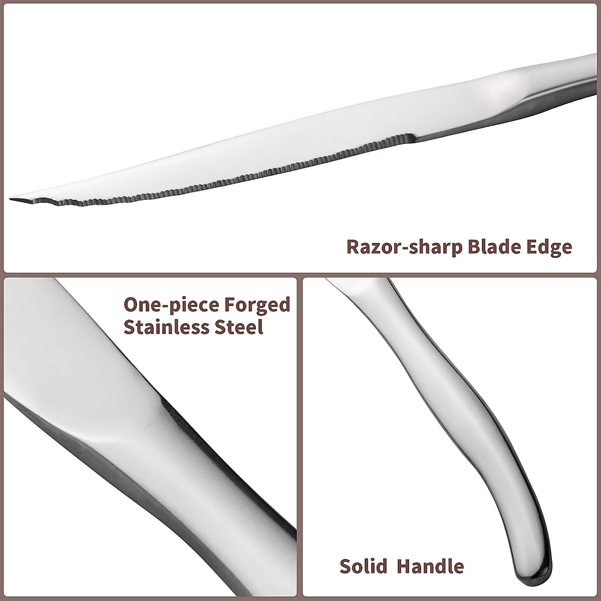 Alata 8-Piece Steak Knives Set, Stainless Steel Steak Knife set with Serrated Edge, Razor-Sharp, One-piece Forged Construction, Dishwasher Safe