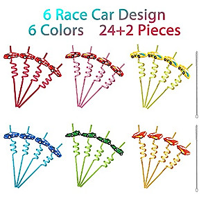 24 Race Car Party Favors Reusable Drinking Straws for Kids Boys Racecar Wheels Birthday Decorations Two Fast Party Supplies with 2 PCS Cleaning Brushes