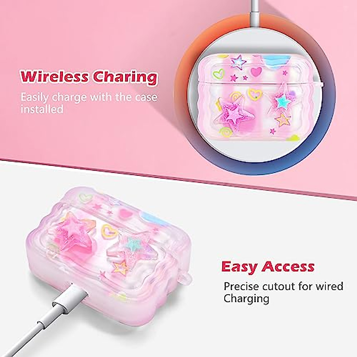 Cute AirPods Pro 2 Case with Love Pendant Colorful Round Bead Keychain, Glitter 3D Stars Design Soft Protective Cover Compatible with AirPods Pro 2nd Generation 2022 Case for Women and Girls