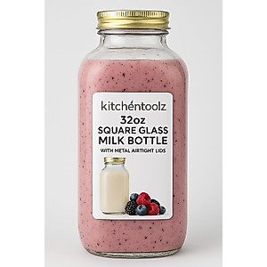 kitchentoolz 32oz Square Glass Milk Bottle with Metal Airtight Lids -1 Quart Milk Jars with Lids for Fridge - Reusable Milk Jugs , Yogurt, Smoothies, Kefir, Kombucha, Water