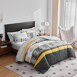 Stripes Bed in a Bag Queen Size 7 Pieces Black Gray Yellow Comforter Sheet Set with Circles All Season Bed Comforter Set (1 Comforter 2 Pillow Shams 1 Flat Sheet 1 Fitted Sheet 2 Pillowcases)