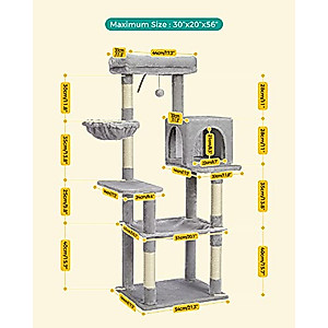 PETEPELA Cat Tree for Large Cats, 56.3" Multi-Level Cat Tower with Sisal Scratching Posts, Super Large Hammock(20"x17") and Top Cat Perch for Heavy Cats, Grey