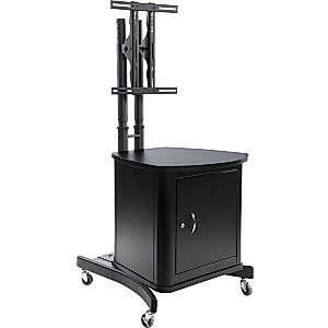 Displays2go TV Stand w/Locking Cabinet Fits Monitors 32”-65”, Collapsible w/Carry Case – Black (MBTVKDBKCRT)