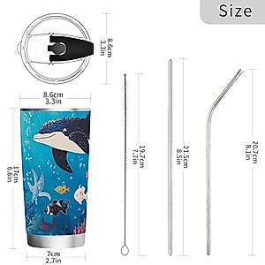 sanluoli Some Dolphin Sea Animals Blue Stainless Steel insulated water bottle with Straw Lid coffee travel mug 20oz for Home, Office or Car Aesthetic Vacuum Insulated Tumbler 20 OZ