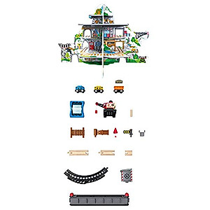 Hape Wooden Railway Mighty Mountain Mine Railway Playset| 4-Level Railway Train Track Playset with Crane and Magnetic Train Cars for Kids