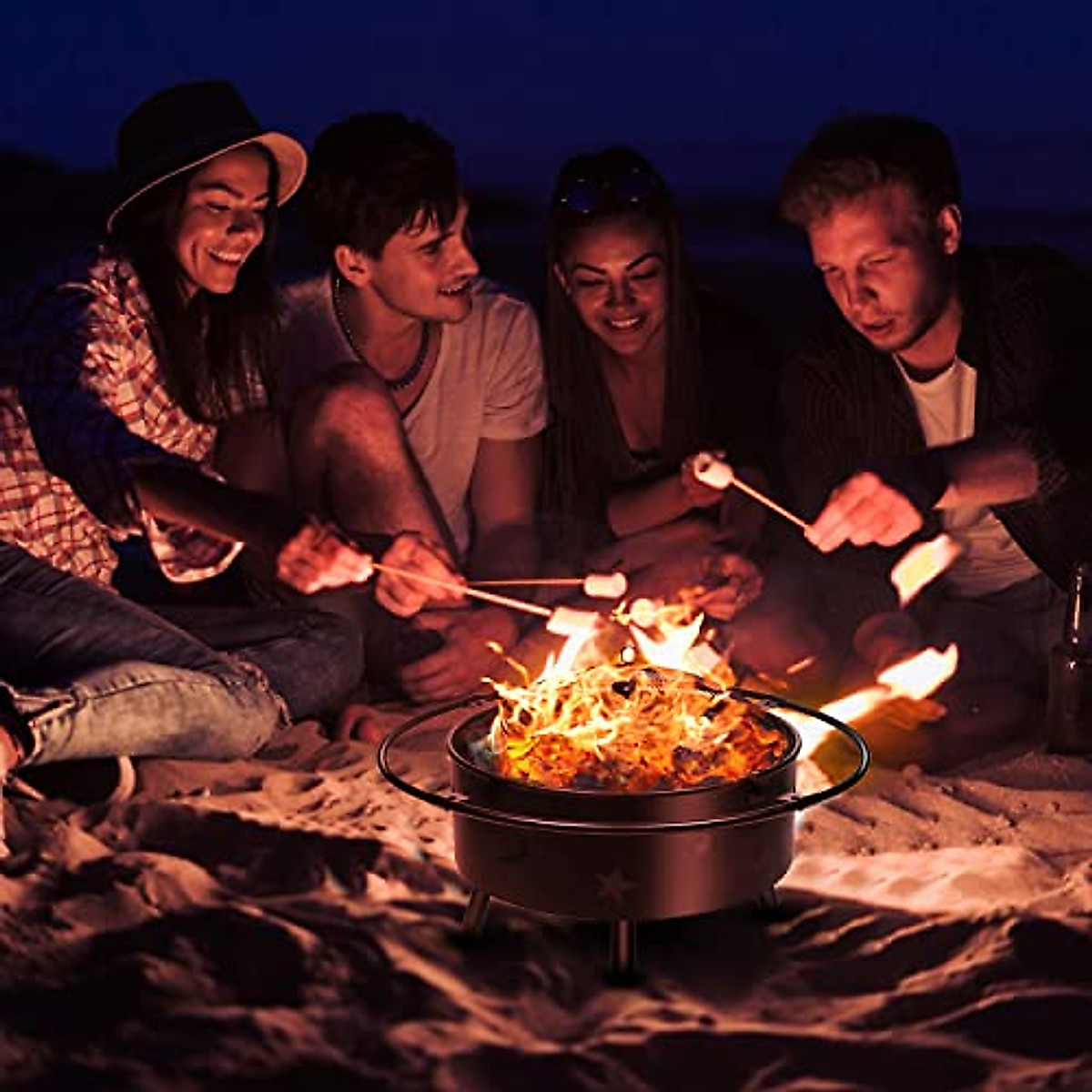 WASAKKY Fire Pits Wood Burning Grill - 30” Round Steel Deep Bowl Firepit - Backyard Cosmic，Stars and Moons Firepit 2-in-1 for Outside Patio Cooking Black