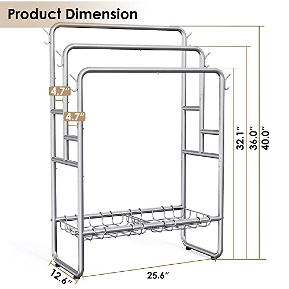 40" H Standing Towel Rack with 2 Storage Baskets & 6 Hooks, 3 Tier Silver Metal Towel Holder for Extra Large Towel, Modern Industrial Blanket Ladder Display and Drying Rack for Bedroom Bathroom