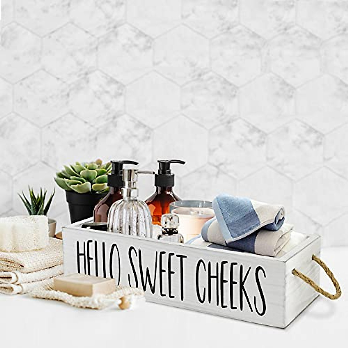 Bathroom Decor Box 2 Sides Funny Toilet Paper Holder Wood Tank Box Over Toilet Paper Storage Basket with Rope Handle Rustic Bathroom Paper Organizer Box with Funny Sign Farmhouse Home Decor Box