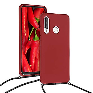 kwmobile Crossbody Case Compatible with Huawei P30 Lite - TPU with Silicone Coating Cover with Neck Cord Lanyard Strap - Dark Red/Black