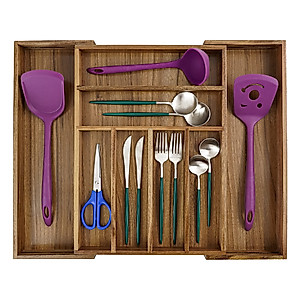 Utoplike Acacia Expandable Cutlery Drawer Organizer, Adjustable Kitchen Silverware Drawer Organizer, Wooden Utensil Tray Holder Organiser, Drawer Divider for Flatware, Knives in Kitchen