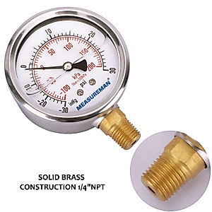 MEASUREMAN 2-1/2" dial,Glycerin Filled, Stainless Steel case, Brass Inside, 30inHg/-100kpa-0-30psi/200kpa,1/4"NPT Lower Mount