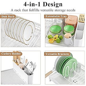 Dish Drying Rack, Auto-Drain Expandable(19.1"-26.9") Kitchen Counter Dish Drainers Rack, Stainless Steel Large Strainers Drying Rack with Drainboard Pan Holder Utensil Holder Caddy Organizer, White