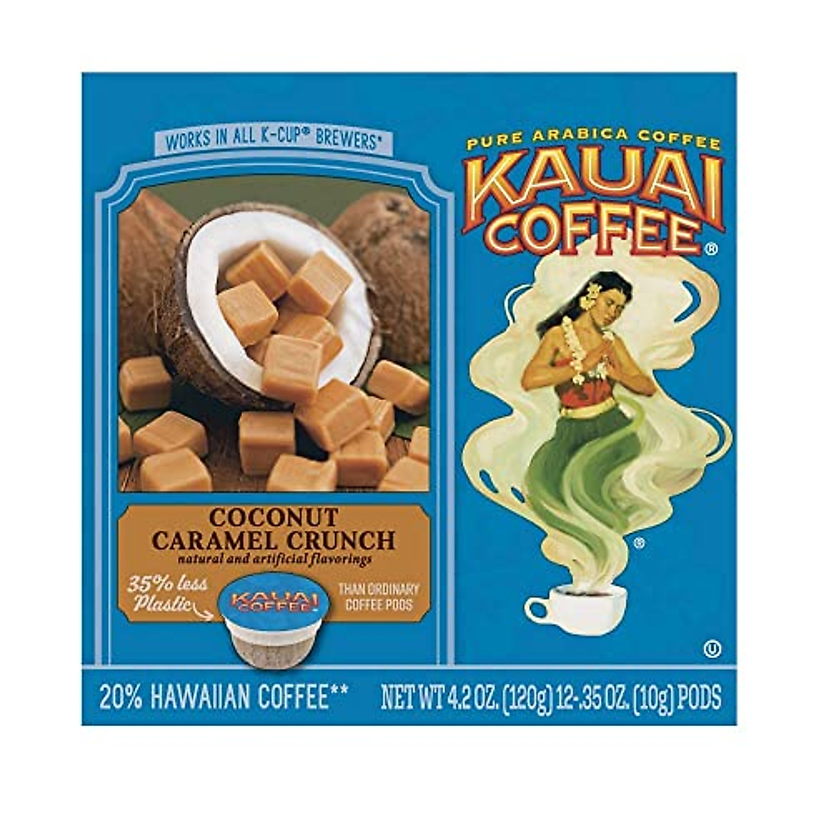 Kauai Coffee Coconut Caramel Crunch Medium Roast- Compatible with Keurig Pods K-Cup Brewers (1 Pack of 12 Single-Serve Cups)