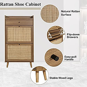 Goujxcy Natural Rattan Shoe Cabinet with 2 Flip Drawers, Farmhouse Shoe Storage Cabient for Heels, Boots, Slippers, Slim Wood Freestanding Shoe Rack Organizer for Entryway, Hallway, Bedroom,Walnut