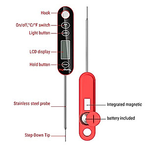 TempPro E30 Digital Meat Thermometer with Long Probe Kitchen Instant Read Cooking Food Thermometer for BBQ Smoker Grilling Oil Deep Fry Candy Thermometer with Large Backlit Display, Black/red