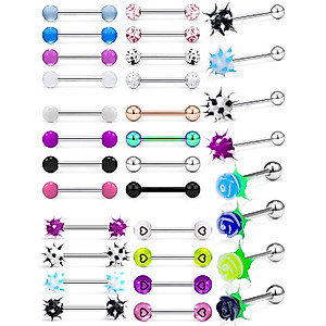 Hnxnskt 32Pcs Assorted Styles 14G Tongue Rings Stainless Steel Tongue Piercing Barbells Multicolor Long Tounge Piercing Jewelry for Women Men