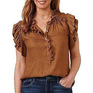 Democracy Womens Double Ruffle Cap Sleeve Half Placket Woven Top Large Toasted Acorn
