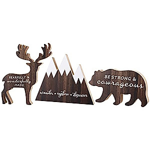 3 Sets Wooden Mountain Decor Woodland Inspirational Quote Wooden Sign Wander Explore Discover Neutral Nursery Table Decor Centerpiece Wooden Mountain Deer Bear Decor for Baby Girl Boy Room Decor