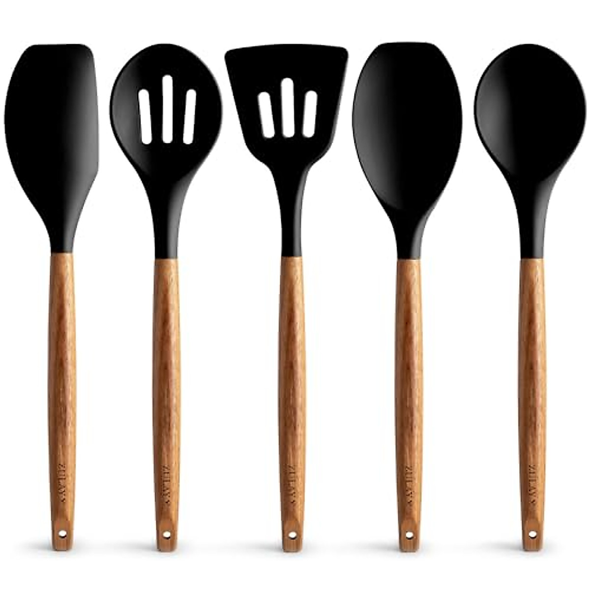 Zulay Kitchen Utensils Set Non-Stick Silicone Cooking Utensils Set with Authentic Acacia Wood Handles - 5 Piece Silicone Utensil Set - Silicone Kitchen Utensils Set with 464°F Heat Resistance - Black