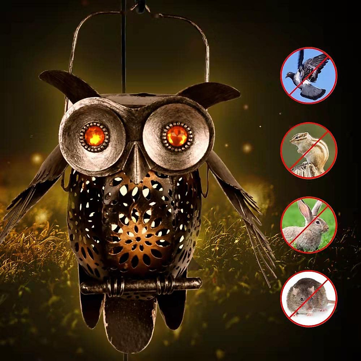 JCWH Fake Owl Solar Light,Auto On-Off Black Metal Waterproof,Animal Statue Decorative with Sheep Hook for Garden Backyard