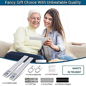 Under Cabinet Lights, 60-LED Dimmable Motion Sensor Light with 3-Modes and 3-Colors, 1500mAh Rechargeable Wireless Lighting Stick-on Anywhere for Cabinet Closet Kitchen Counter (2 Pack)